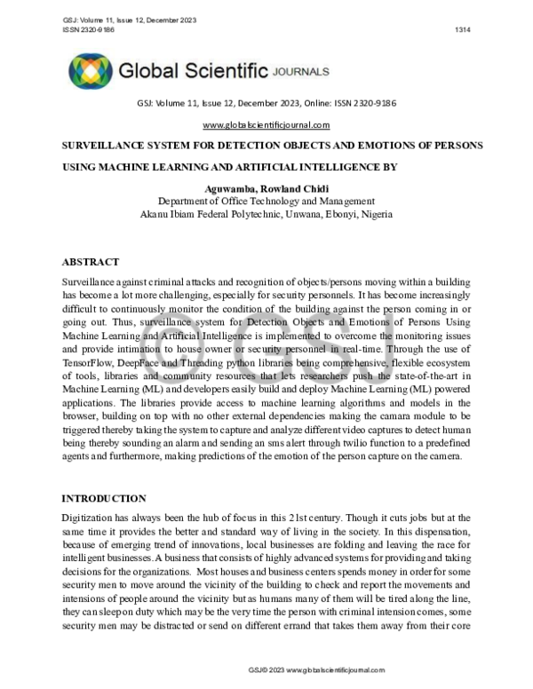 Pdf Surveillance System For Detection Objects And Emotions Of Persons