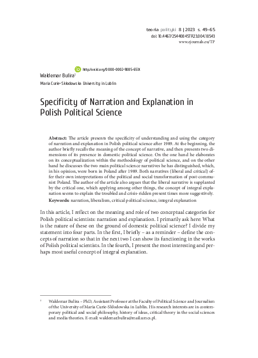 (PDF) Specificity of Narration and Explanation in Polish Political Science