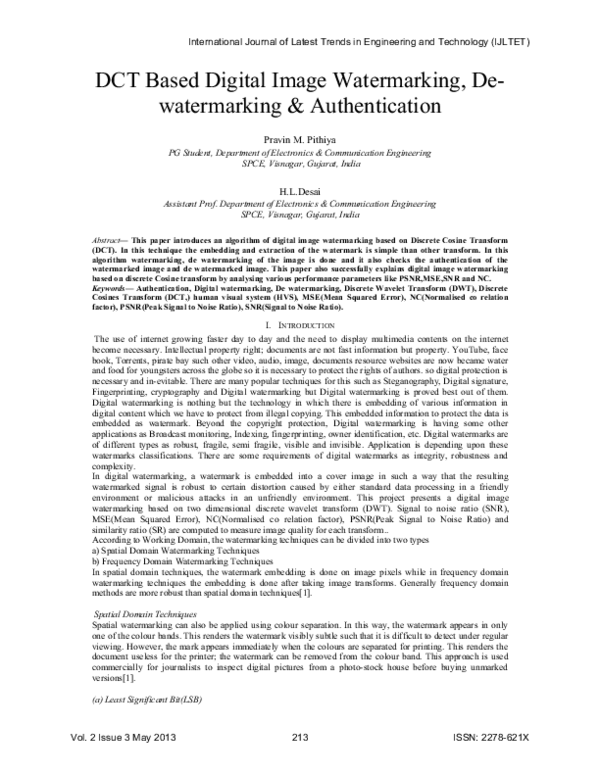 (PDF) DCT Based Digital Image Watermarking, De- watermarking ...