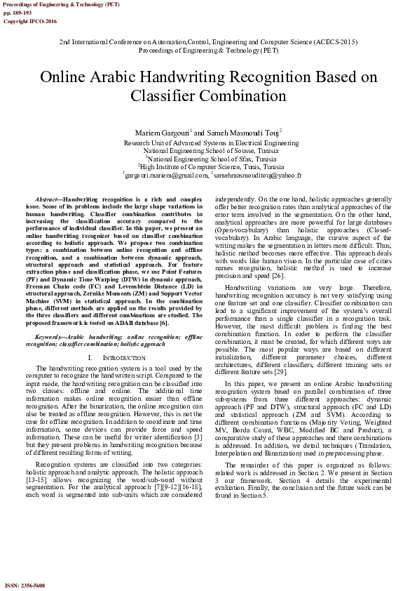 (PDF) Arabic Handwriting Recognition Based on Classifier Combination