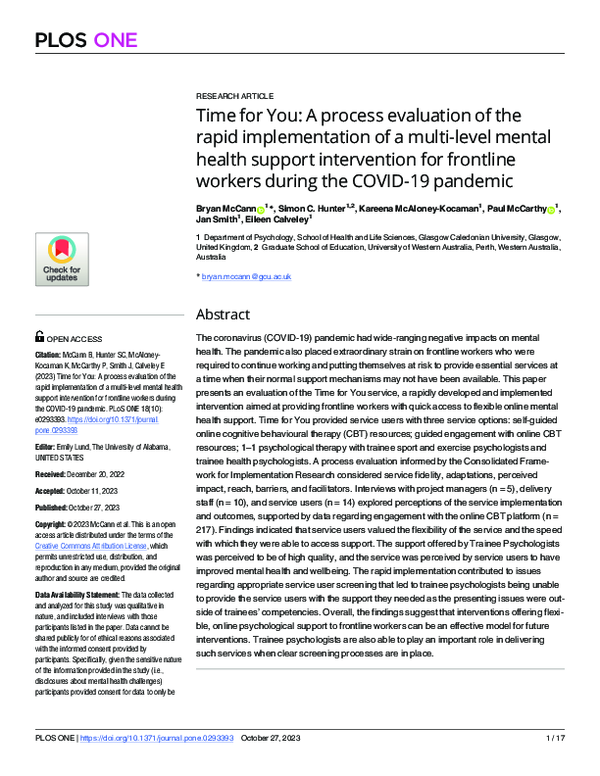 (PDF) Time for You: A process evaluation of the rapid implementation of ...