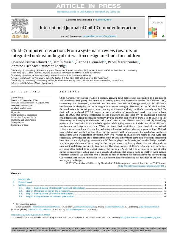 (PDF) Child–Computer Interaction: From a systematic review towards an ...