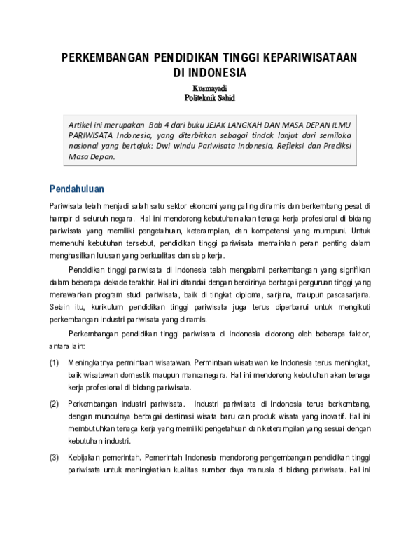 (PDF) PERKEMBANGAN PENDIDIKAN TINGGI KEPARIWISATAAN DI INDONESIA