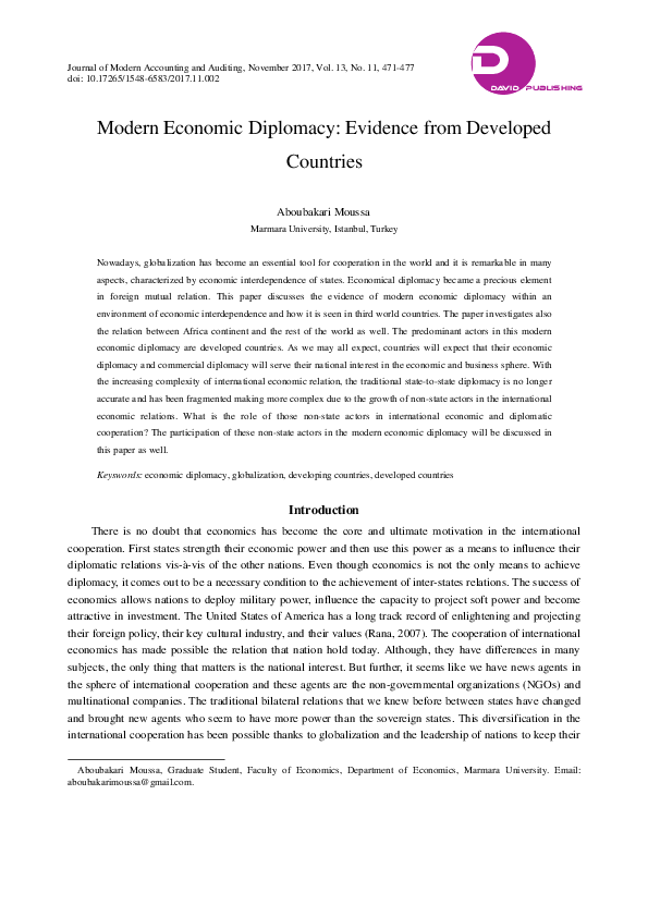 (PDF) Modern Economic Diplomacy: Evidence from Developed Countries