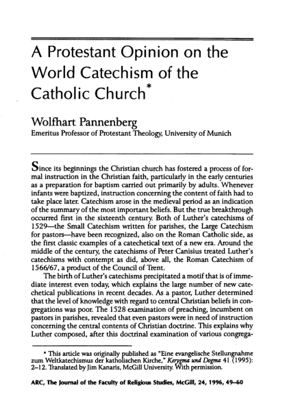 (PDF) Protestant Opinion on the World Catechism of the Catholic Church