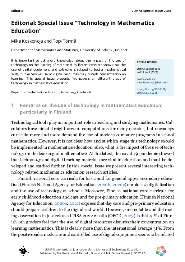 (PDF) Editorial: Special Issue ”Technology in Mathematics Education”