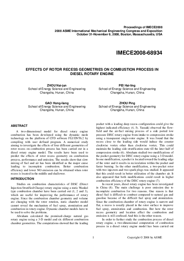 (PDF) Effects of rotor recess geometries on combustion process in ...