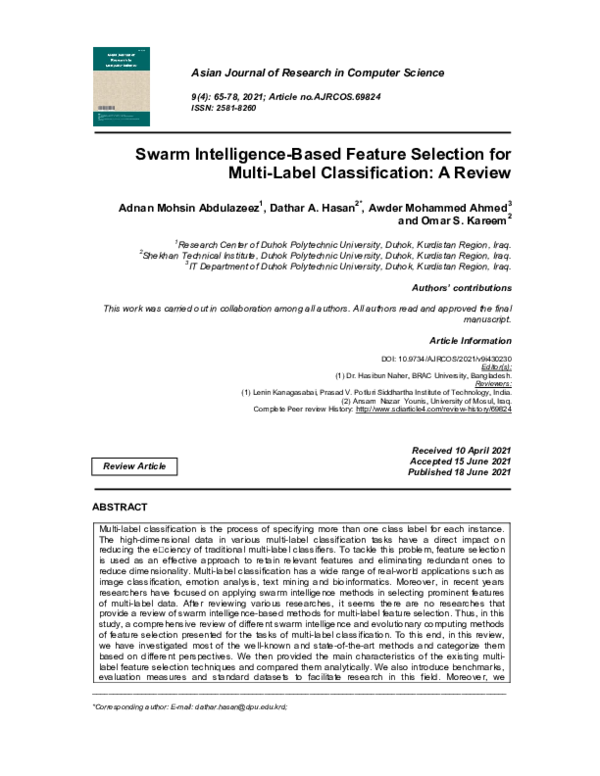 (PDF) Swarm Intelligence-Based Feature Selection for Multi-Label Classification: A Review