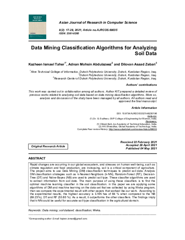 (PDF) Data Mining Classification Algorithms for Analyzing Soil Data