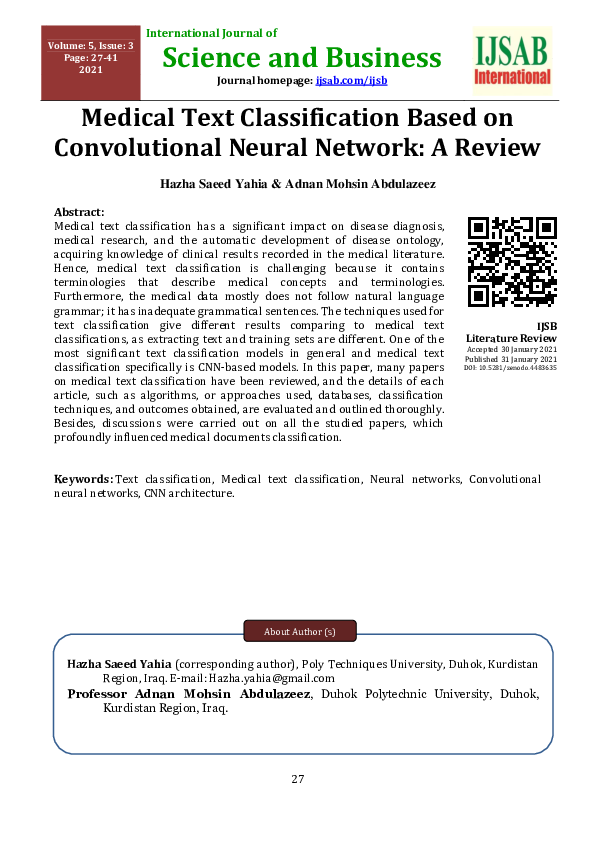 (PDF) Medical Text Classification Based on Convolutional Neural Network: A Review | Adnan Mohsin ...
