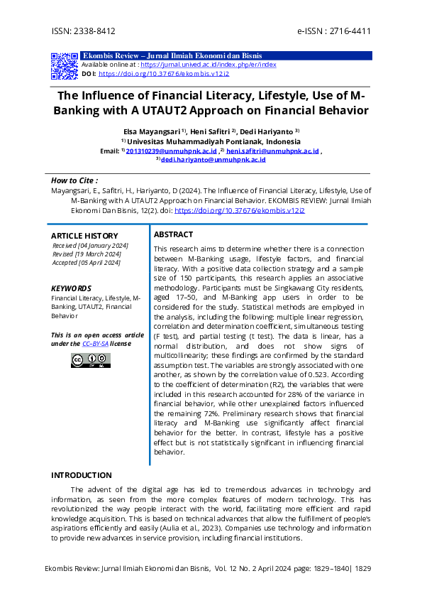 (PDF) The Influence Of Financial Literacy, Lifestyle, Use Of M-Banking With A Utaut2 Approach On ...