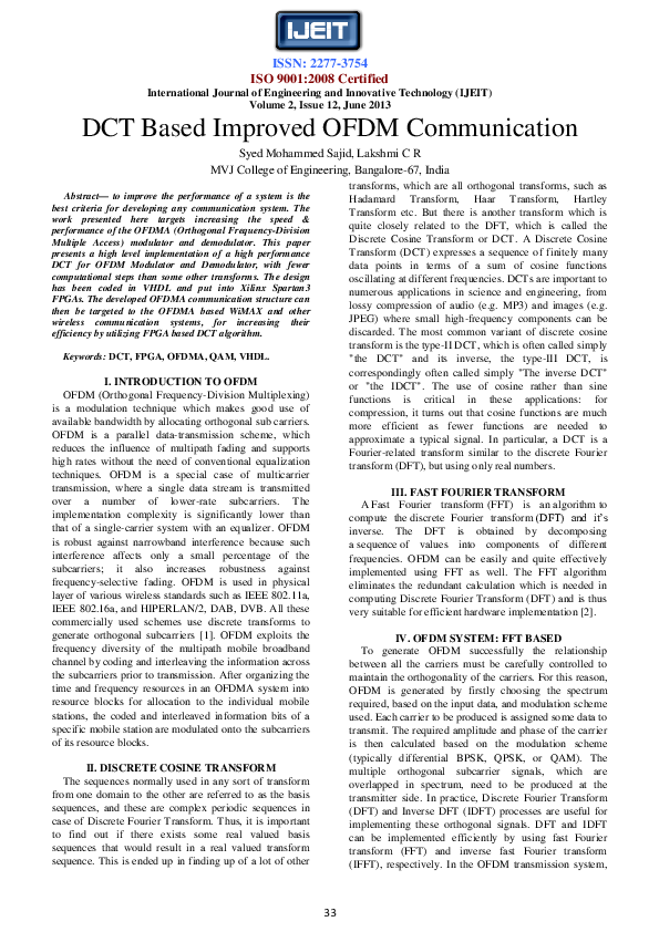(PDF) Enhanced OFDM Communication with FPGA-Based DCT Technique