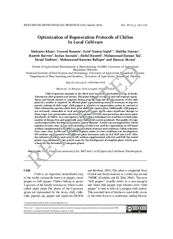 (PDF) Optimization of Regeneration Protocols of Chilies In Local Cultivars