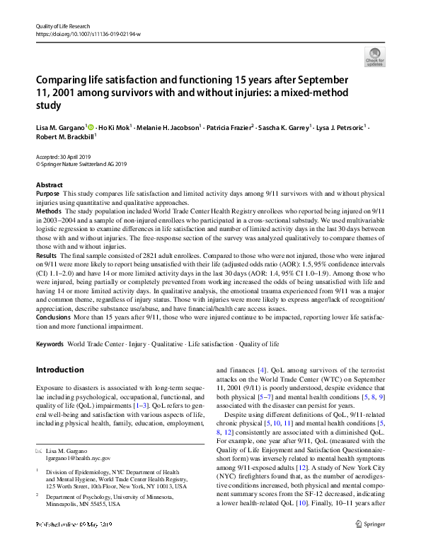 (PDF) Comparing life satisfaction and functioning 15 years after ...