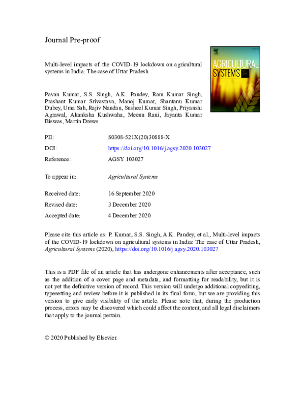 (PDF) Multi-level impacts of the COVID-19 lockdown on agricultural ...