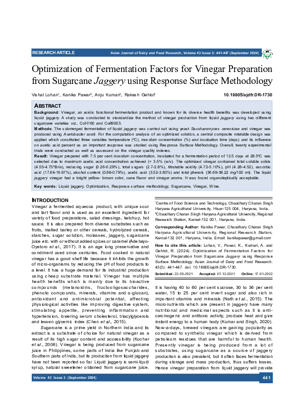 (PDF) Optimization of Fermentation Factors for Vinegar Preparation from Sugarcane Jaggery using ...