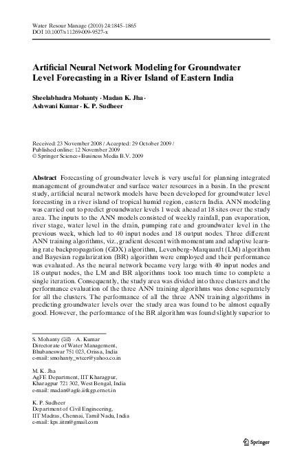 (PDF) Artificial Neural Network Modeling for Groundwater Level Forecasting in a River Island of ...