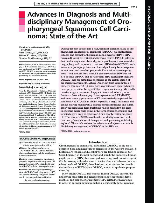 (PDF) Advances in Diagnosis and Multidisciplinary Management of Oropharyngeal Squamous Cell ...