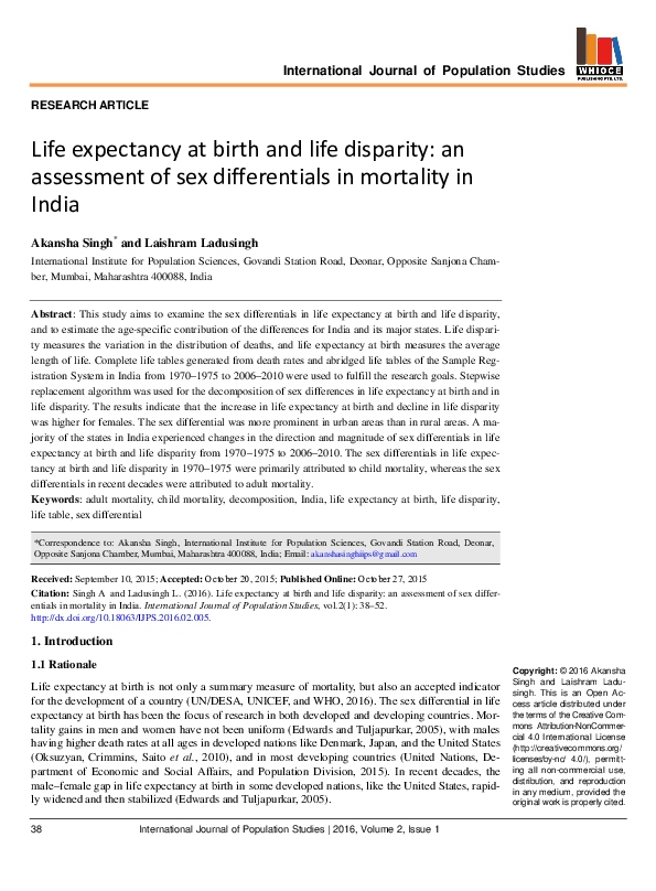 (PDF) Life expectancy at birth and life disparity: an assessment of sex ...