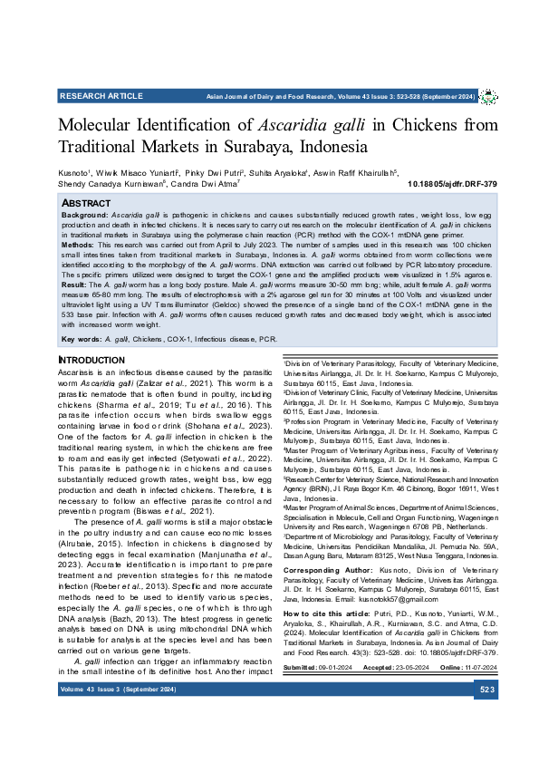 (PDF) Molecular Identification of Ascaridia galli in Chickens from ...