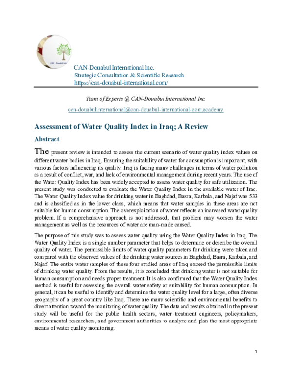 (PDF) Assessment of Water Quality Index in Iraq A Review