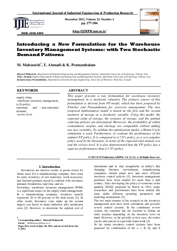 (PDF) Introducing a New Formulation for the Warehouse Inventory Management Systems: with Two ...