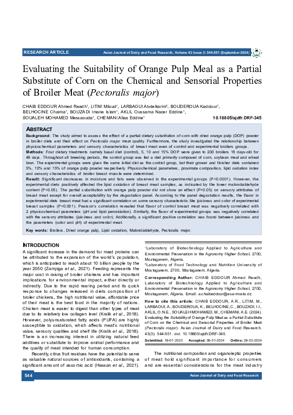 (PDF) Evaluating the Suitability of Orange Pulp Meal as a Partial ...