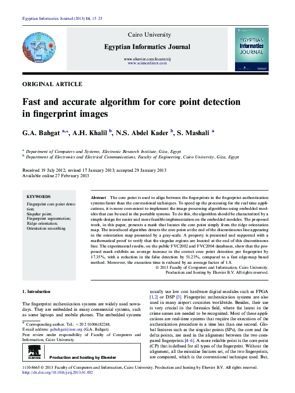 Pdf Fast And Accurate Algorithm For Core Point Detection In Fingerprint Images Gehan A