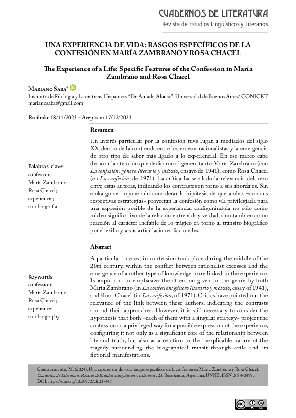 (PDF) Una experiencia de vida: rasgos específicos de la confesión en María Zambrano y Rosa Chacel.