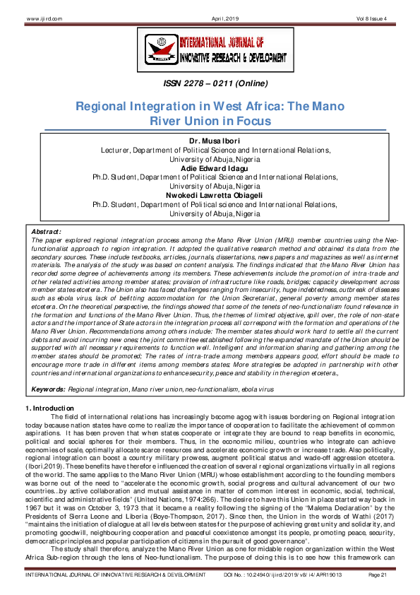 (PDF) Regional Integration in West Africa: The Mano River Union in Focus
