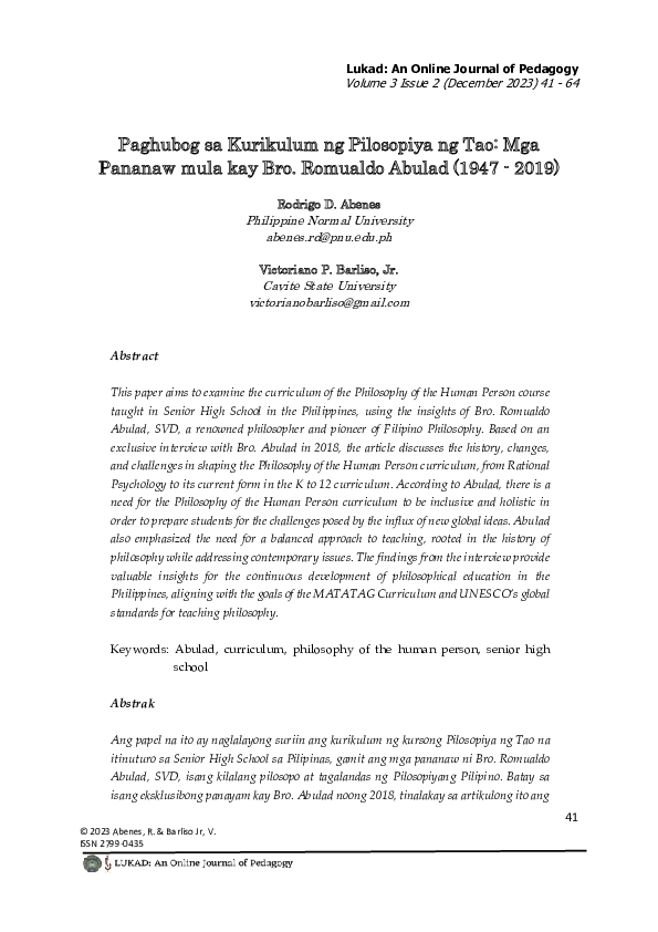 (PDF) Paghubog sa Kurikulum ng Pilosopiya ng Tao: Mga Pananaw mula kay ...
