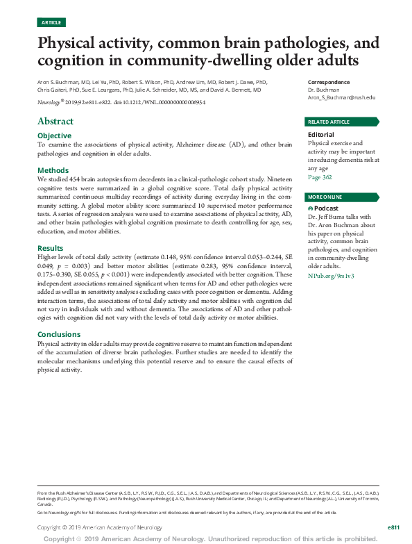(PDF) Physical activity, common brain pathologies, and cognition in community-dwelling older adults
