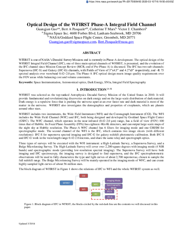 (PDF) Optical design of the WFIRST Phase-A Integral Field Channel
