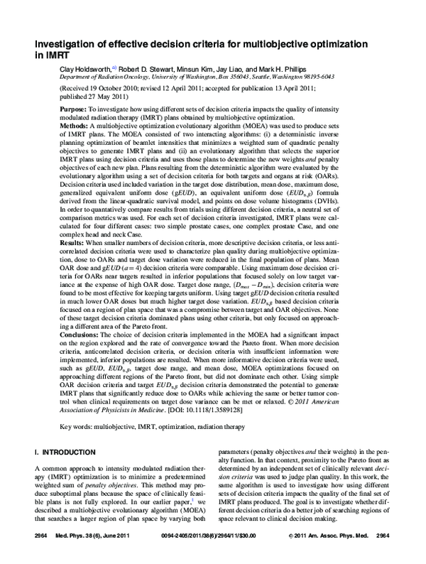 Pdf Investigation Of Effective Decision Criteria For Multiobjective Optimization In Imrt