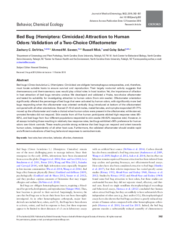 (PDF) Bed Bug (Hemiptera: Cimicidae) Attraction to Human Odors ...
