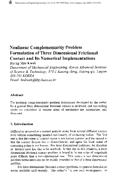 (PDF) Nonlinear Complementarity ProblemFormulation Of Three Dimensional FrictionalContact And ...
