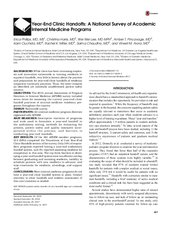 (PDF) Year-End Clinic Handoffs: A National Survey of Academic Internal ...