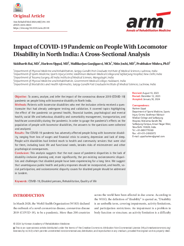 (PDF) Impact of COVID-19 Pandemic on People with Locomotor Disability ...