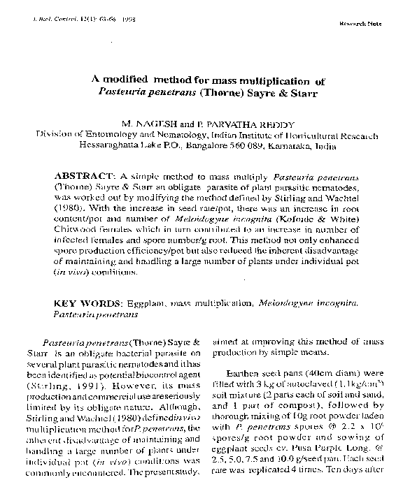 (PDF) A Modified Method for Mass Multiplication of Pasteuria penetrans ...