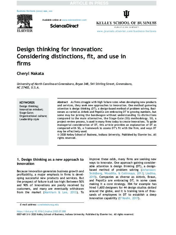 (PDF) Design thinking for innovation: Considering distinctions, fit ...