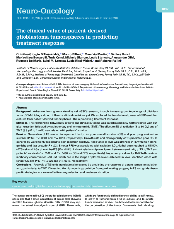 (PDF) The clinical value of patient-derived glioblastoma tumorspheres ...