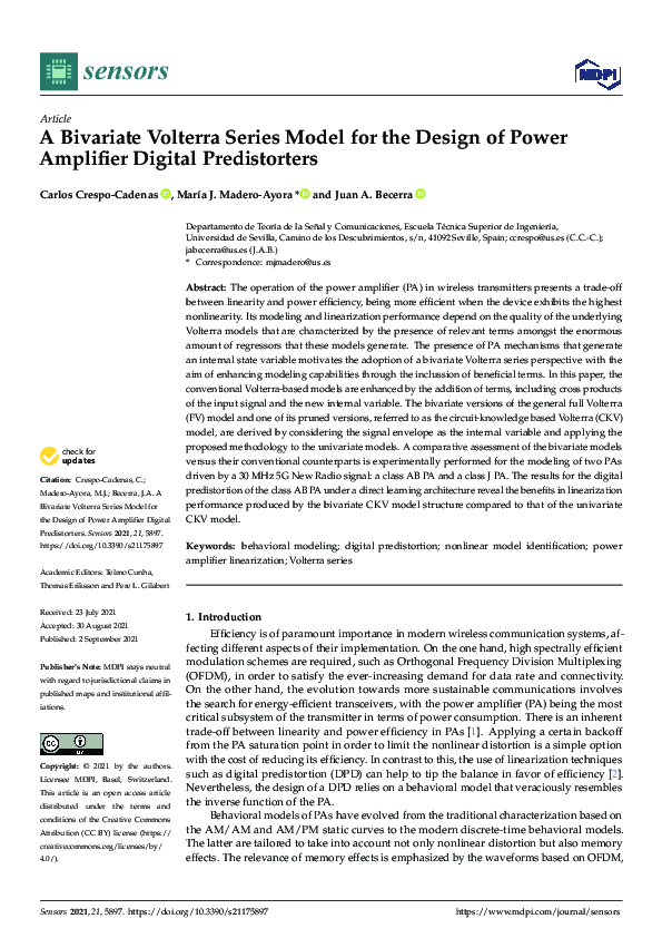 (PDF) A Bivariate Volterra Series Model for the Design of Power Amplifier Digital Predistorters