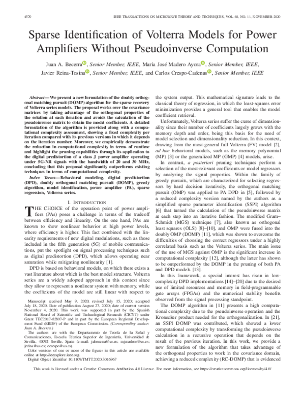 (PDF) Sparse Identification of Volterra Models for Power Amplifiers Without Pseudoinverse ...