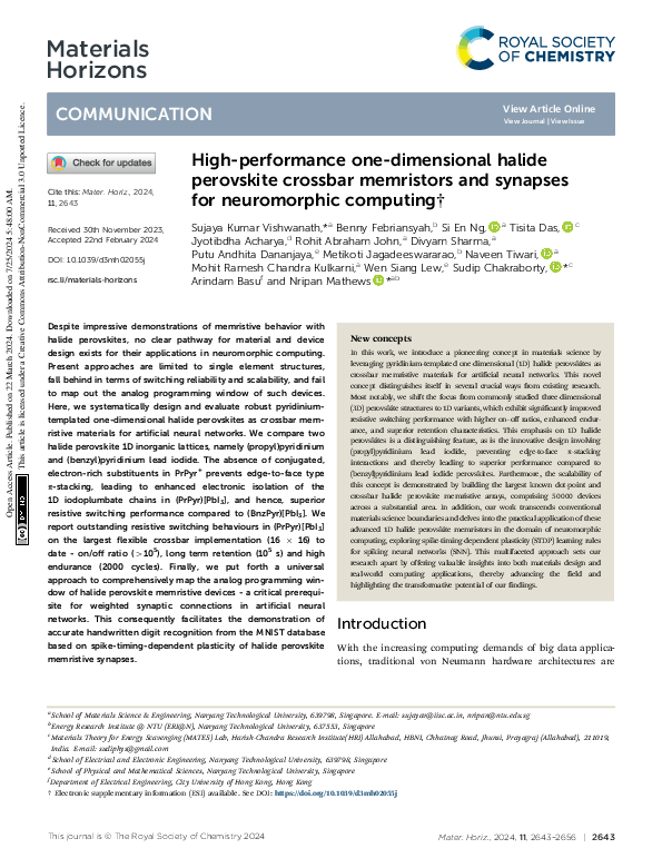 (PDF) High-performance one-dimensional halide perovskite crossbar memristors and synapses for ...