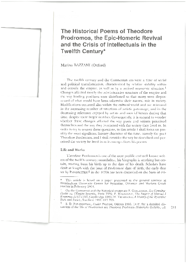 (PDF) The historical poems of Th. Prodromos, the epic-homeric revival ...