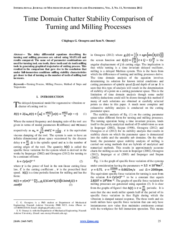 (PDF) Time Domain Chatter Stability Comparison of Turning and Milling Processes | sam omenyi ...