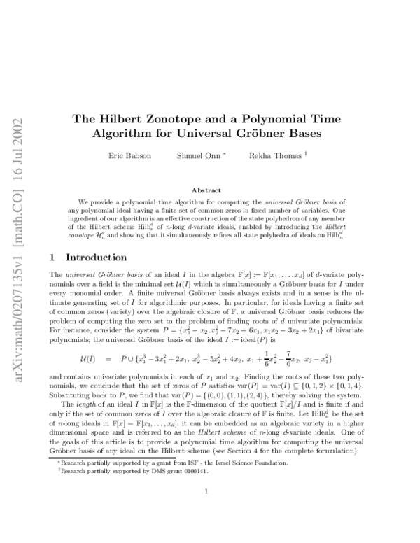 (PDF) The Hilbert Zonotope and a Polynomial Time Algorithm for Universal Grobner Bases | Shmuel ...