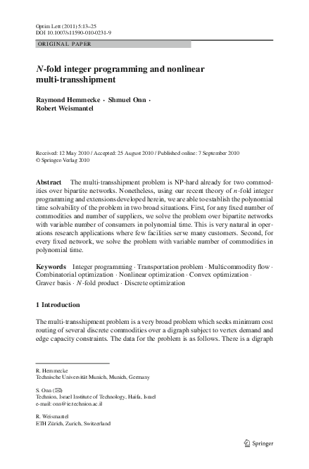 (PDF) N-fold integer programming and nonlinear multi-transshipment