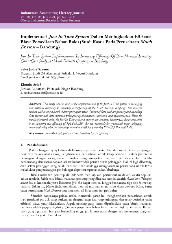 (PDF) Implementasi Just In Time System Dalam Meningkatkan Efisiensi Biaya Persediaan Bahan Baku