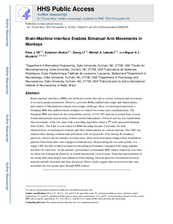 (PDF) A Brain-Machine Interface Enables Bimanual Arm Movements in Monkeys | Mikhail Lebedev ...